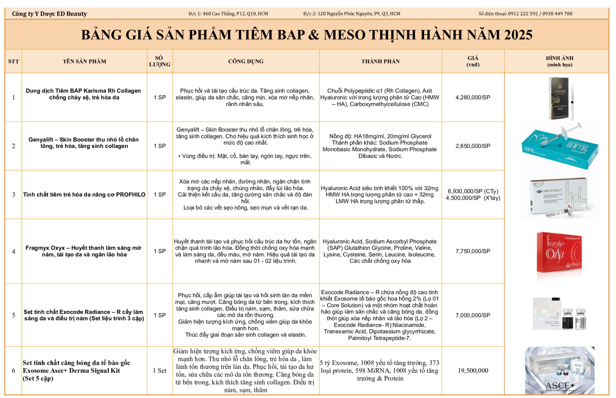 Bảng giá sản phẩm Tiêm BAP & Meso thịnh hành (Karisma, Profhilo ...